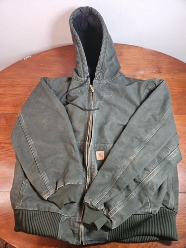 Vtg Carhartt J130 Jacket Mens LARGE MOS Moss Green Faded Canvas Hooded ...