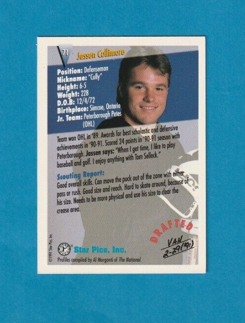 1991-92 Star Pics # 71 Jassen Cullimore VANCOUVER CANUCKS | eBay