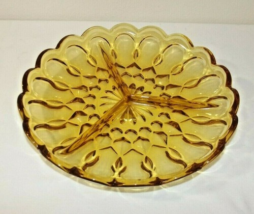 Indiana Amber Glass Serving Dish 3 Way 9" Divided Plate Scalloped Edge ...