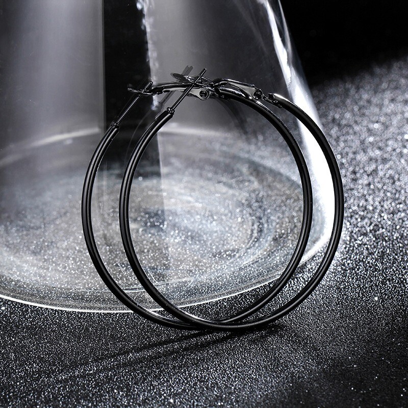 925 Sterling Silver Hoop Ring Black Women LARGE Round Hoop Earrings ...