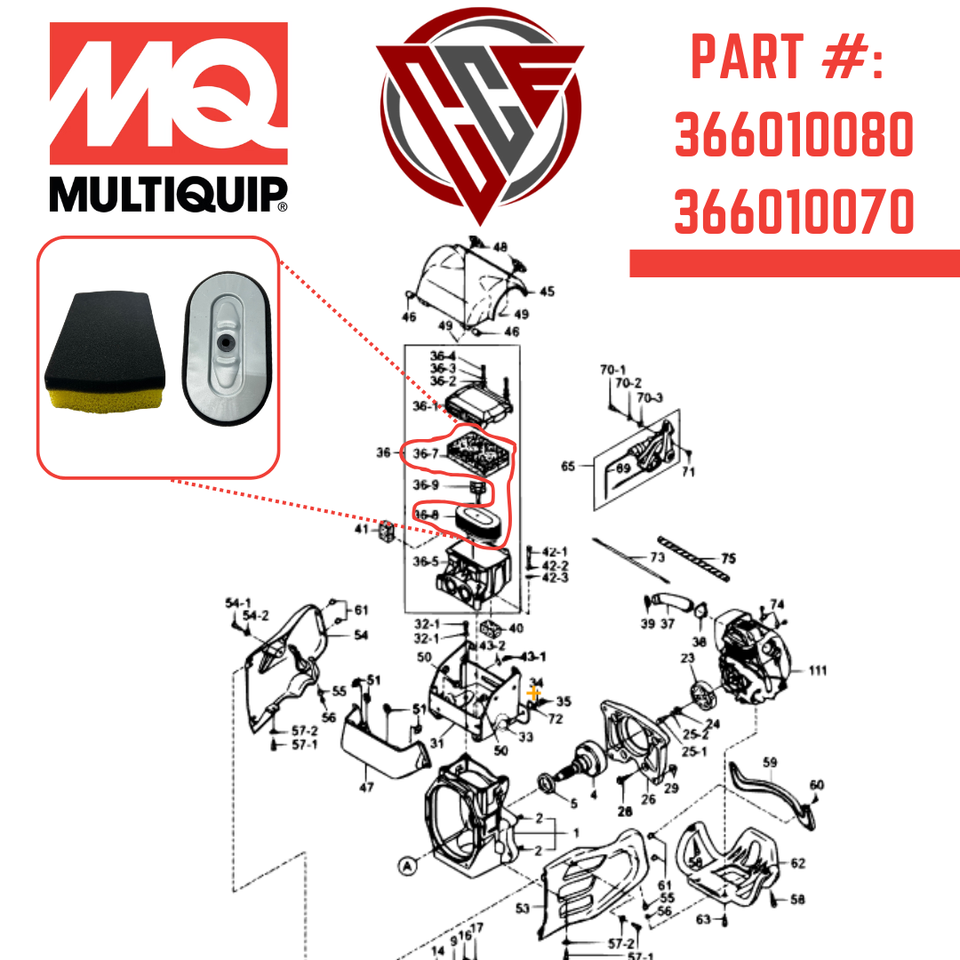 Multiquip Rammer air filter MTX50 MTX60 MTX70 MTX80 MTX90 366010080 ...