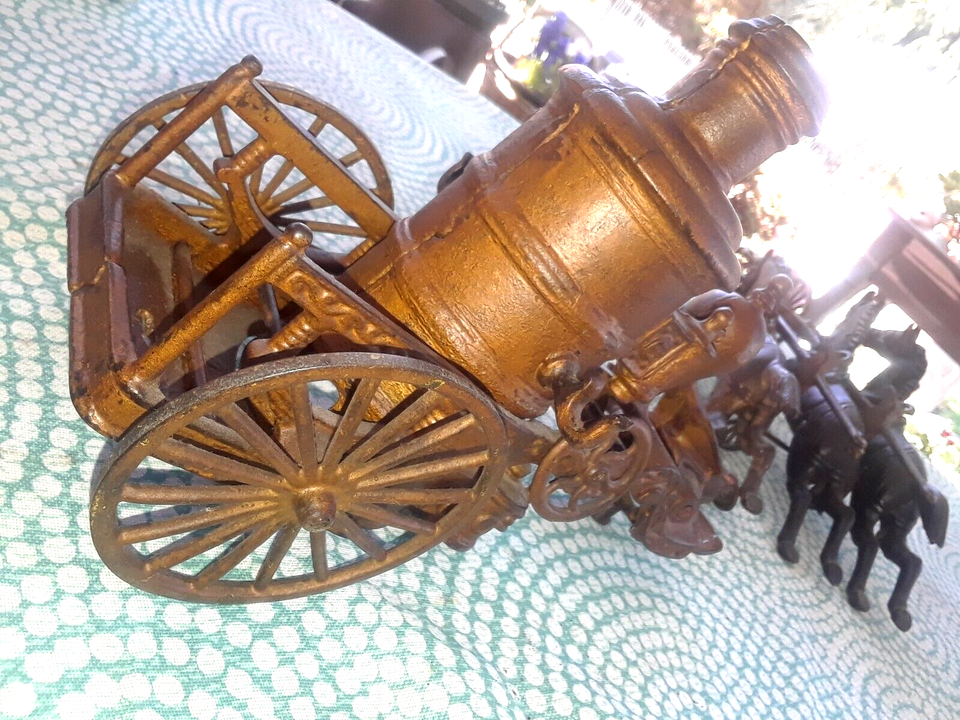 23" LRG ANTQ CAST IRON WILKINS EARLY Fire Pumper 3 Horse Drawn Wagon ...