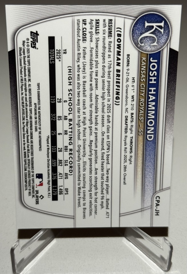 2025 Bowman Draft - Josh Hammond - 1st Bowman - Gold Shimmer Auto - 43/ ...