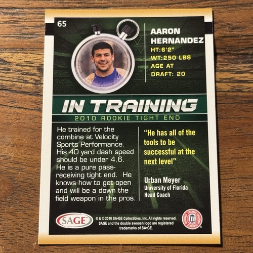 Aaron Hernandez 2010 Sage HIT IN TRAINING Rookie Card RC #65 Florida ...