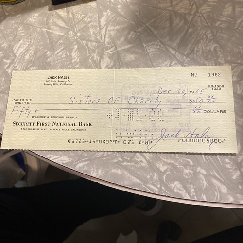 Jack Haley Signed Autograph Bank Check Wizard of Oz Tin Man 12/20/65 ...