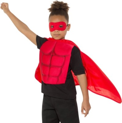 Childs Superhero Fancy Dress Kit Cape, Chest & Mask Red Kids Cloak Set ...