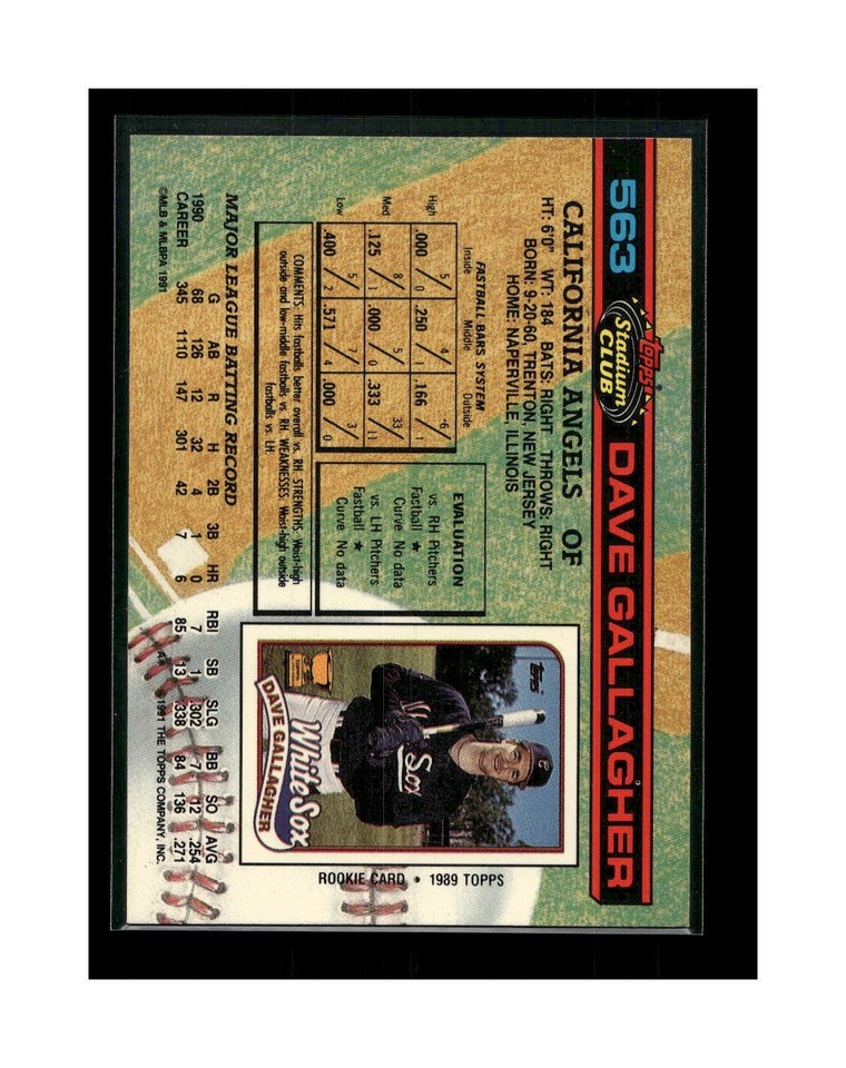 1991 Stadium Club Dave Gallagher #563 California Angels Baseball Card ...