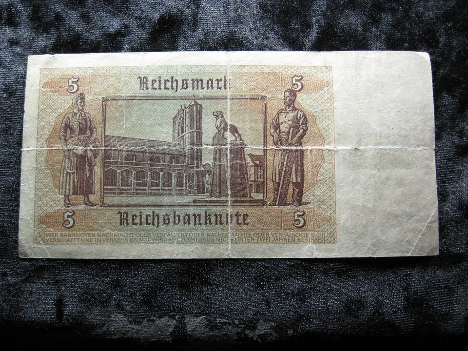 old world WWII note NAZI GERMANY 5 Reichsmark 1942 P186 "Hitler Youth ...