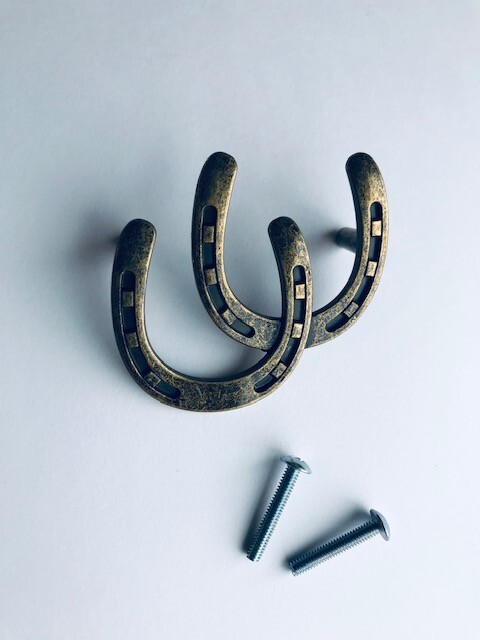 Set of 8 Double Horseshoe Antique Brass Drawer Pull, Cabinet Knobs ...