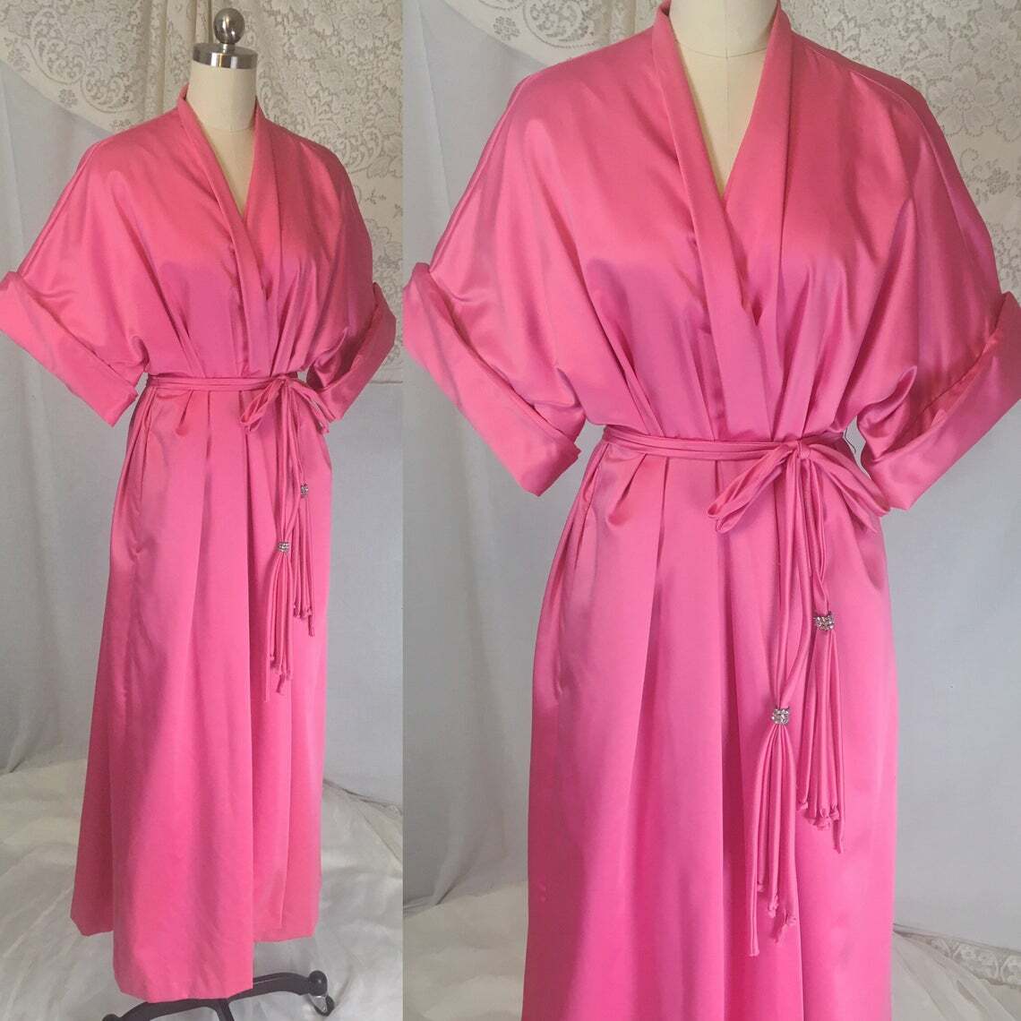 Vintage 1960's Lucie Ann Hot Pink Satin Robe w/ Green… - Gem