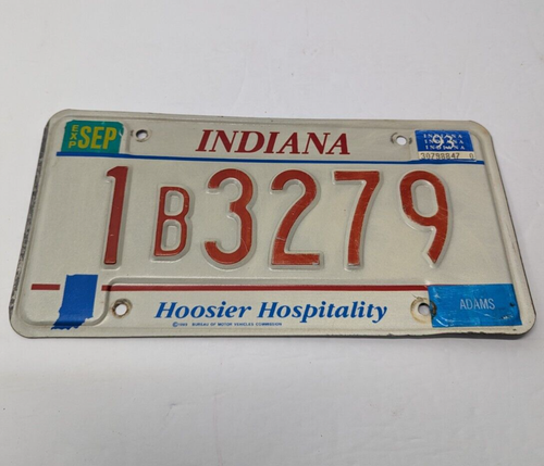 INDIANA License Plate 1B3279 Expired 1993 Hoosier Hospitality Adams ...