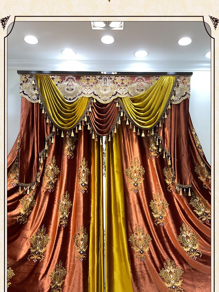European red French velvet embroidered thick shade valance curtain ...