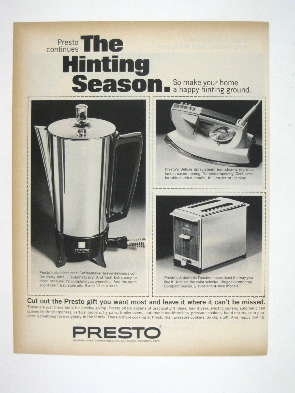ADVERT Presto 1960s Vintage Print Ad - Coffee Maker Toaster Iron