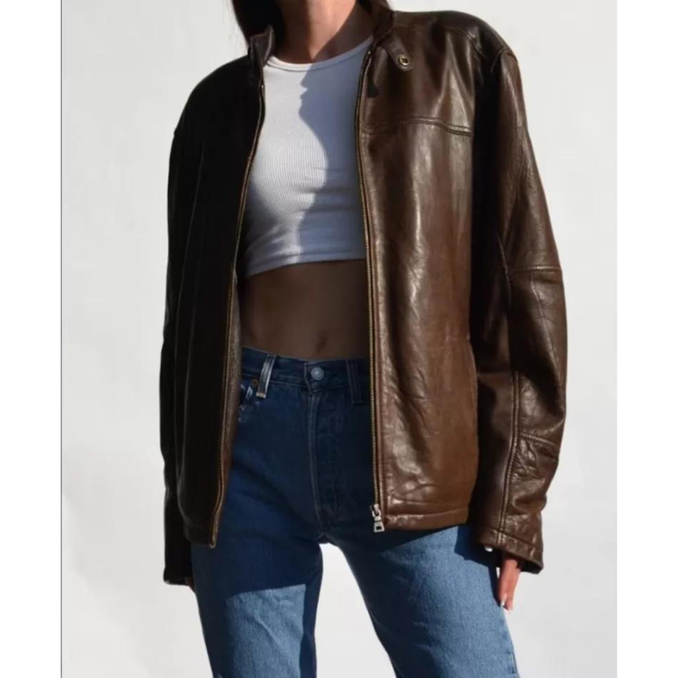 Women Fashion 80s Leather Jacket Vintage Style Brown Oversized Bomber ...