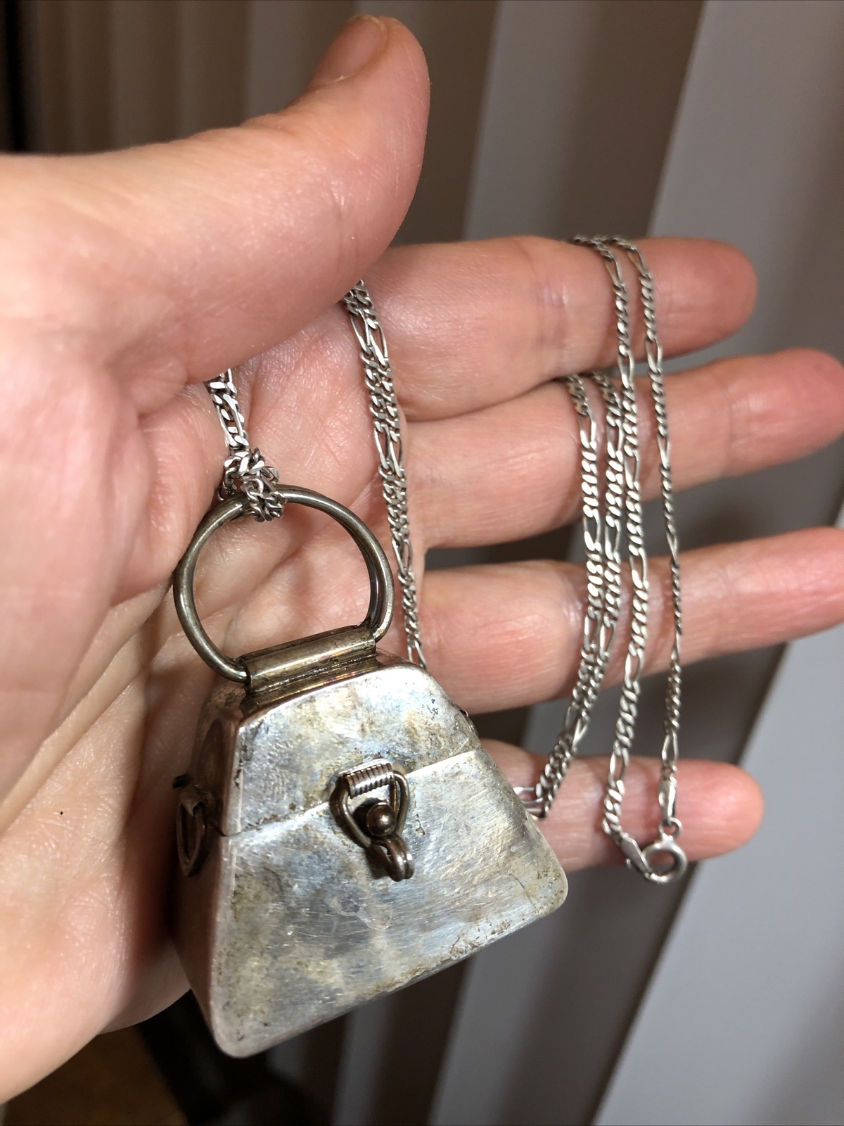 5. TAXCO 925 Sterling Figaro chain 3D PURSE Locket Pendant Necklace 24 ...