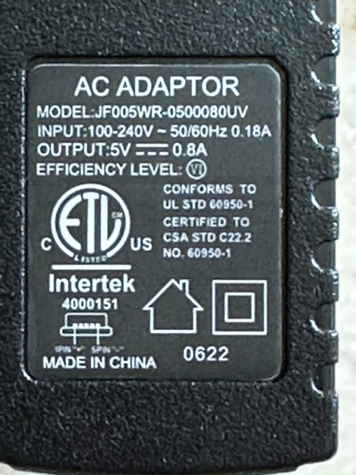 Intertek AC Adapter Power Supply JF005WR-0500080UV / Output 5V 0.8A ...