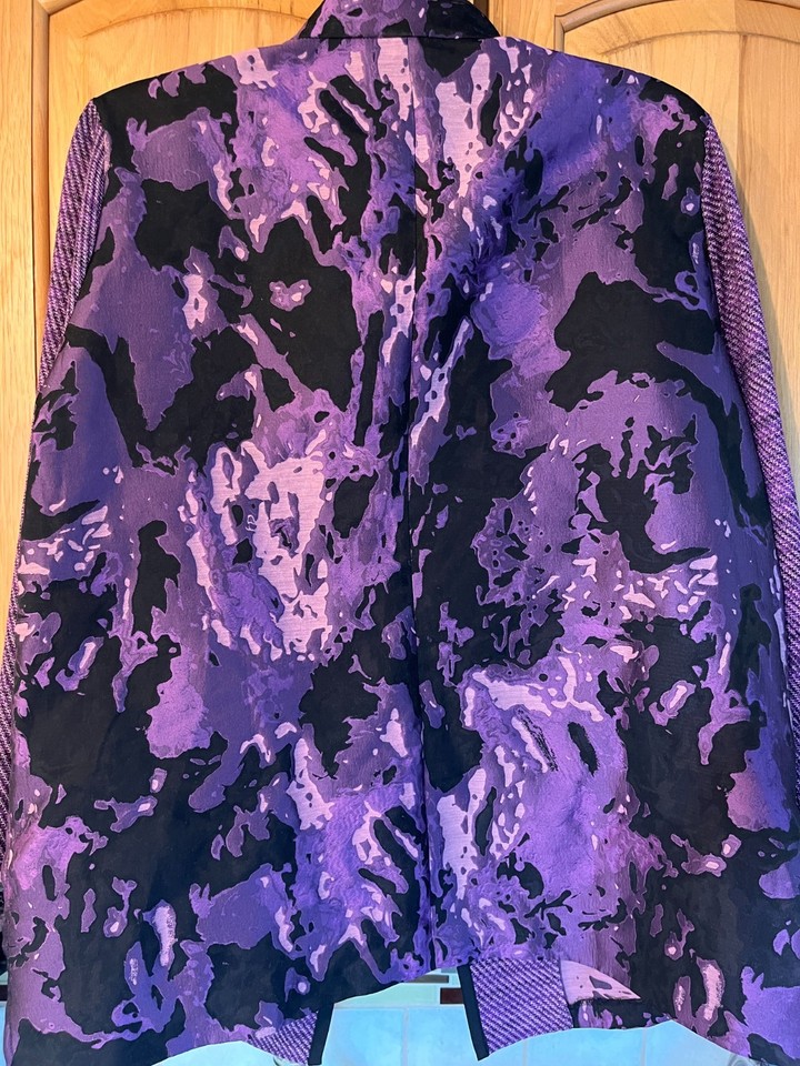 Misook Purple and Black Brocade Knit Sleeved One Hook Closure Jacket ...