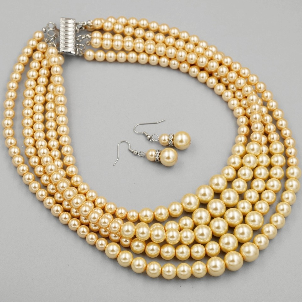 Gold Pearl Multi Layered Strand String Necklace Earrings Chunky Jewelry ...