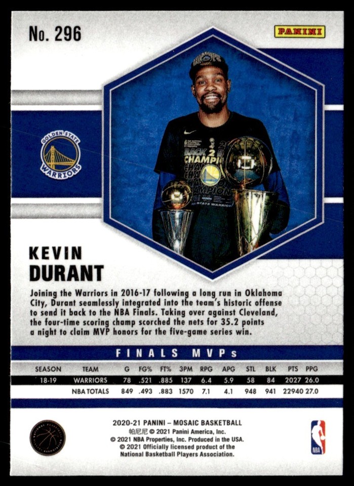 KEVIN DURANT 2020-21 PANINI MOSAIC FINALS MVP GOLDEN STATE WARRIORS ...