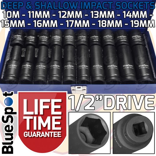 DEEP & SHALLOW IMPACT SOCKET Set 1/2"Dr 10mm-19mm 6pt Hex Long Reach ...