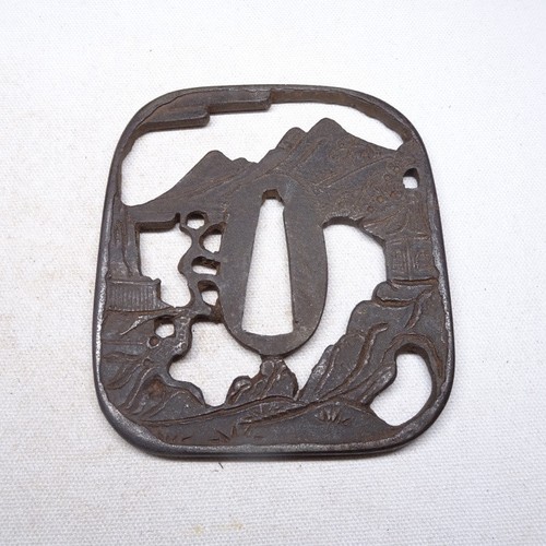 B0724: Real old iron square Japanese sword guard TSUBA with landscape ...