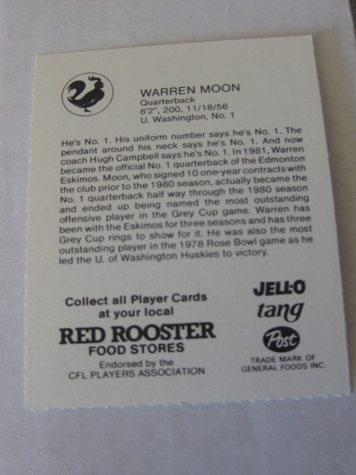RARE 1981 CFL Edmonton Eskimos Red Rooster Warren Moon ROOKIE card mint ...
