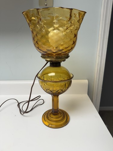 Antique Heavy 17” Amber Glass Pedestal Oil Lamp W/Amber Ruffle Glass ...