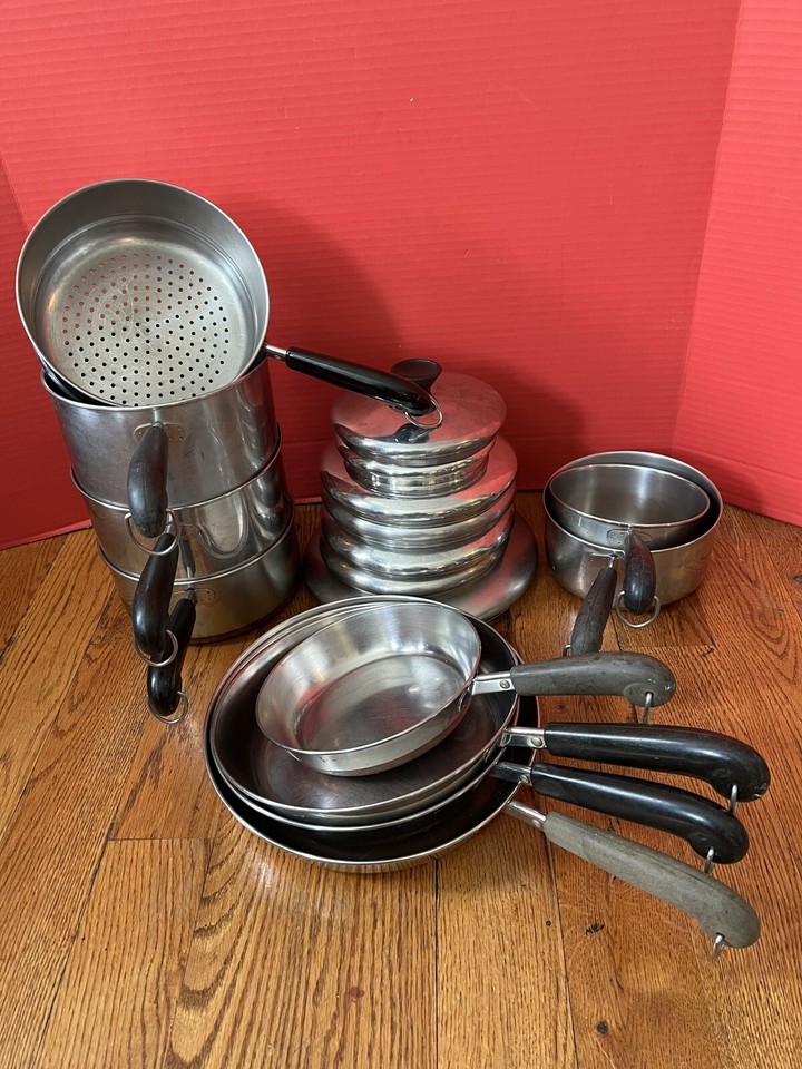 Vintage REVERE WARE 1801 Copper Bottom 17 PC Cookware Set Pots Pans ...