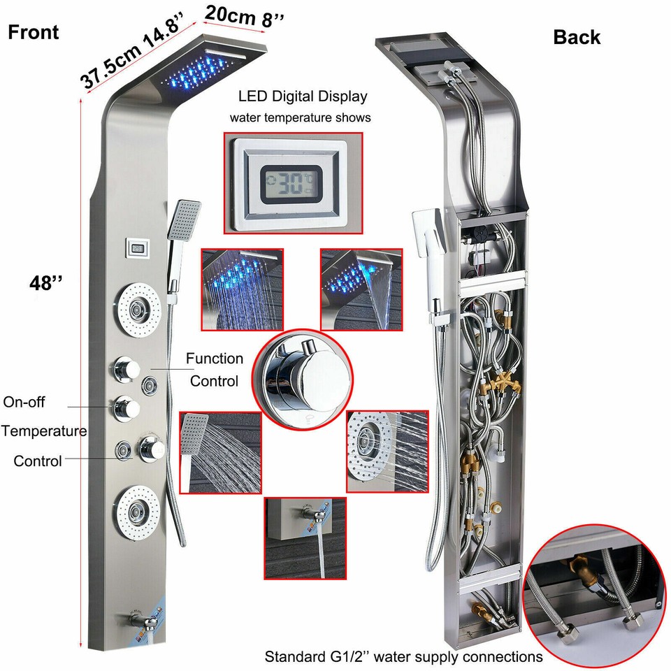Shower Panel Tower System 5-Function Wall Mount LED Rain Waterfall ...