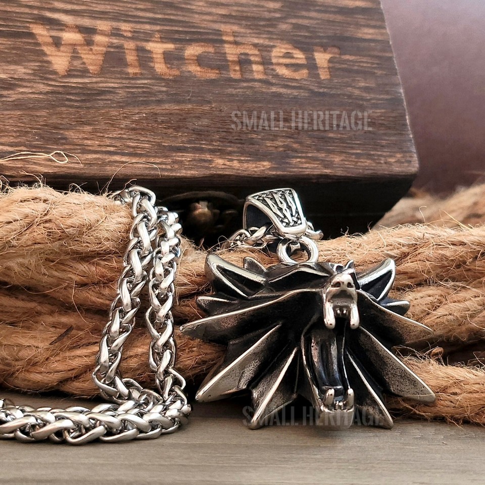 Wolf Head Witcher Necklace Stainless Steel Large Pendant Chain Wizard ...