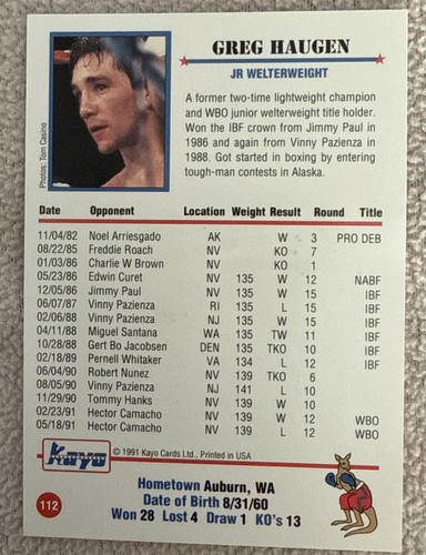 Greg Haugen Signed & Autographed 1991 KO Boxing Card With 4-time Champ ...