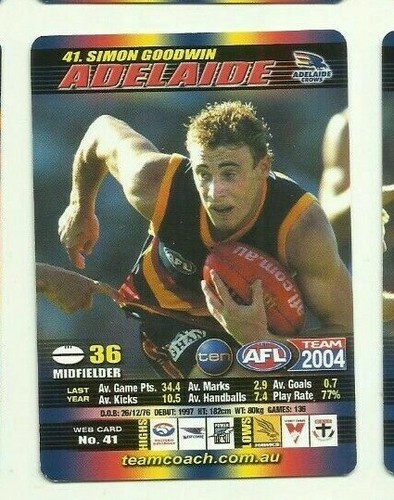2004 TEAMCOACH ADELAIDE CROWS SIMON GOODWIN HOW TO PLAY 41 CARD RED ...