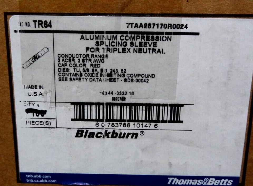 Blackburn TR64 Aluminum Compression Splicing Sleeve for Triplex Neutral ...