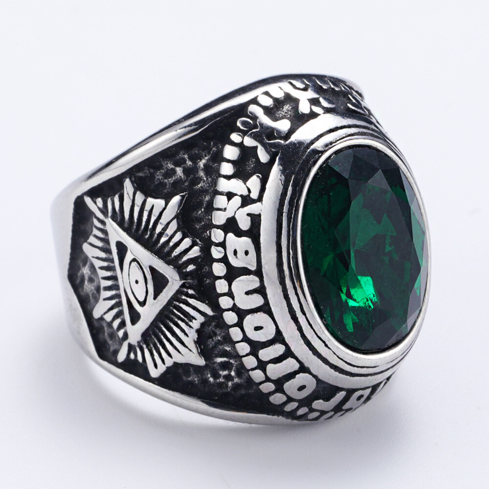 Freemason Triangle God Eye Ring Green CZ Masonic Stainless Steel Ring ...