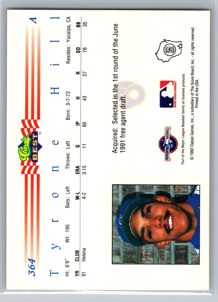 Tyrone Hill 1992 Classic Best Set Break BASEBALL #364 Beloit Brewers | eBay