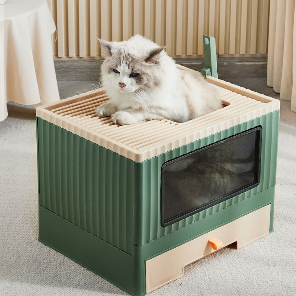Green Enclosed Litter Box Foldable Top Entry Drawer Type Prevent ...