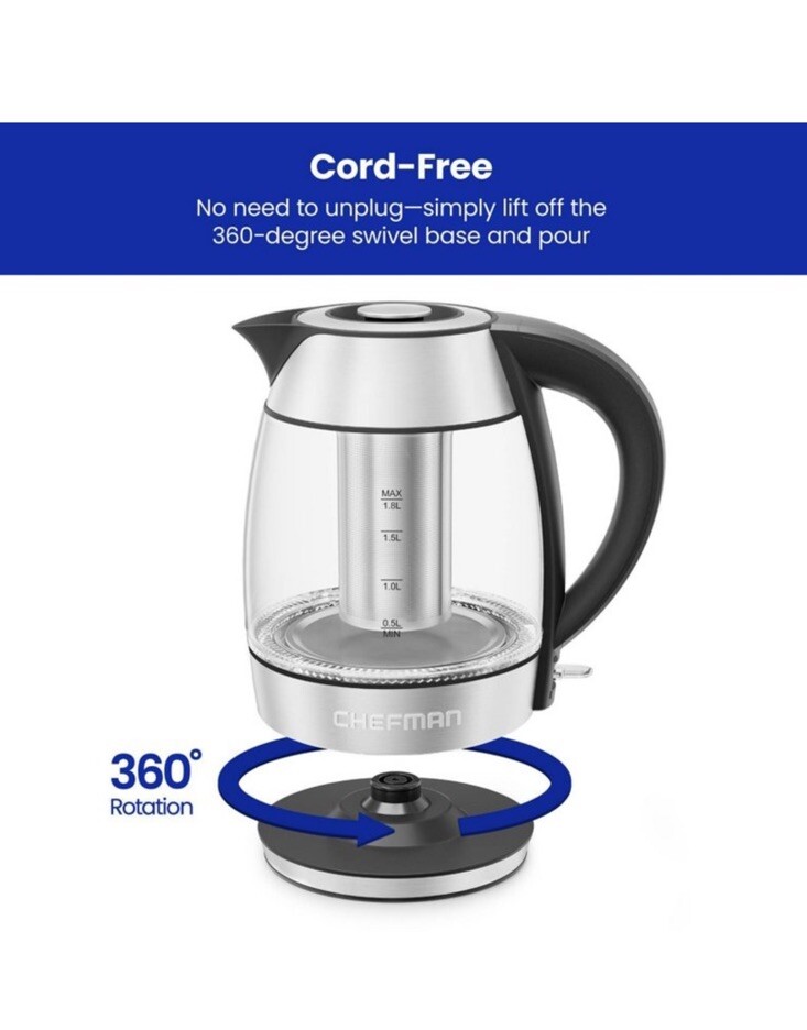 Chefman RJ11-18-TI-WMC Easy-Steep 1 8L Electric Kettle with Tea Infuser ...
