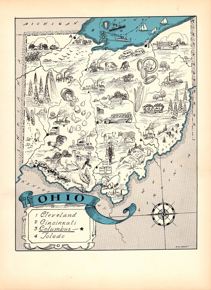 1930s Antique Ohio State Map Wall Art Decor Animated Picture Map of ...
