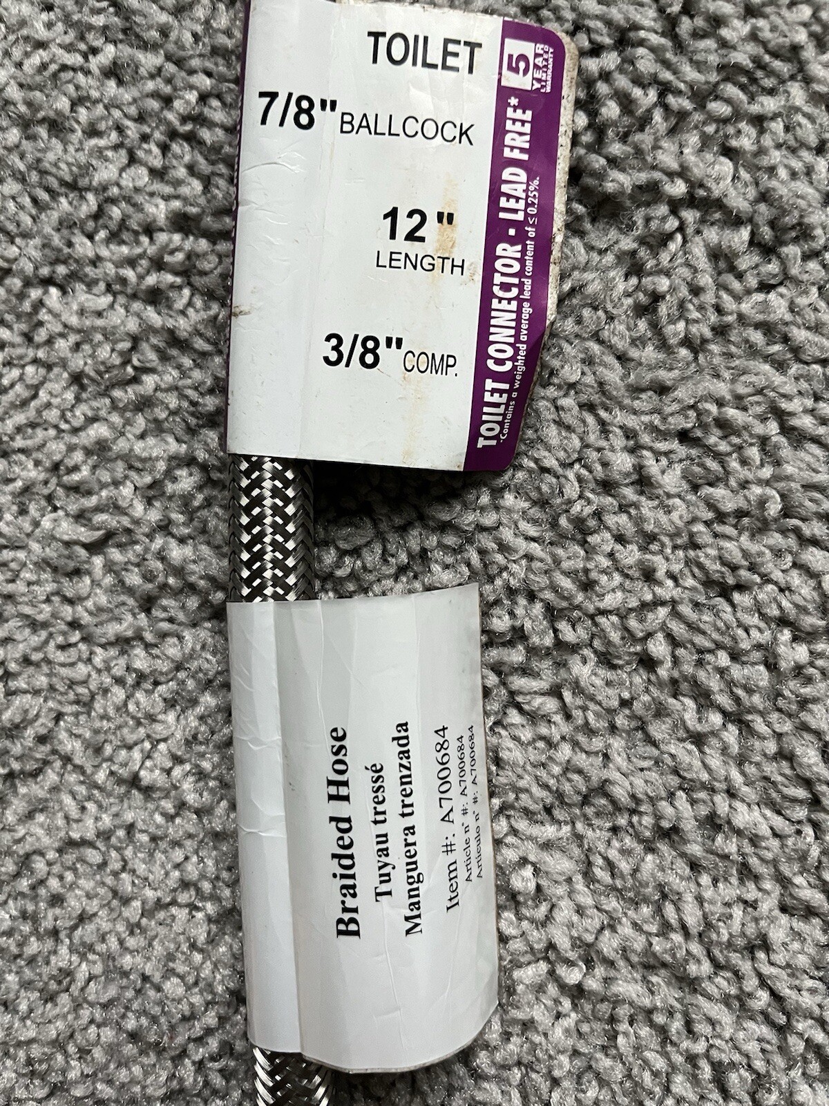 STAINLESS BRAIDED TOILET SUPPLY LINE 3/8” Comp 7/8” BC 12” Length-LOT ...