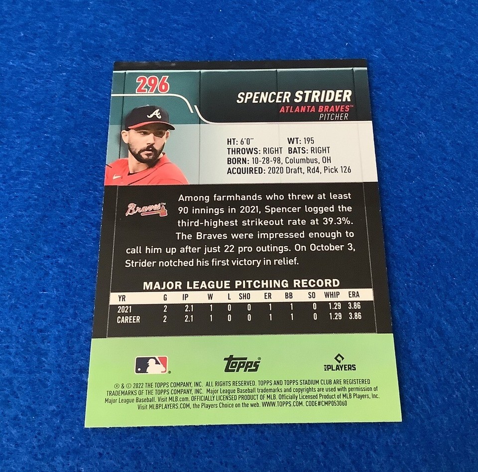 2022 Topps Stadium Club # 296 Spencer Strider Rookie Card | eBay
