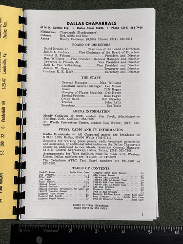 1969 1970 Dallas Chaparrals Aba Nba Basketball Team Media Guide Press ...