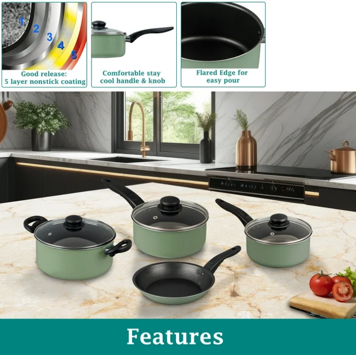 Mainstays 7 Piece Nonstick Aluminum Pots and Pans Cookware Set, Green ...
