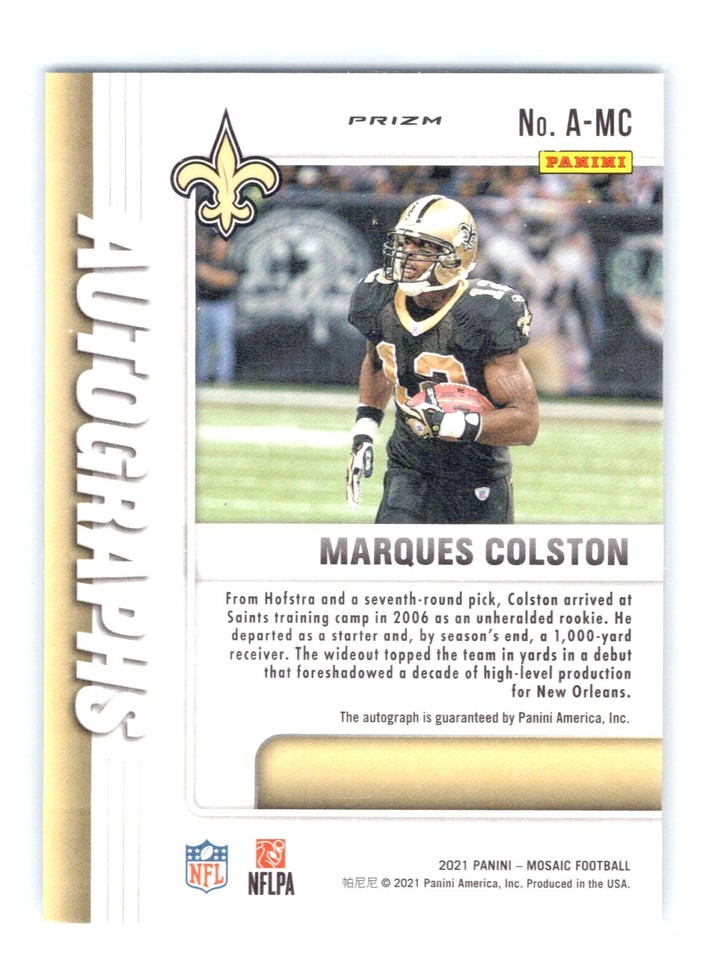 2021 Mosaic #A-MC Marques Colston Silver Mosaic Autographs Saints Mint ...