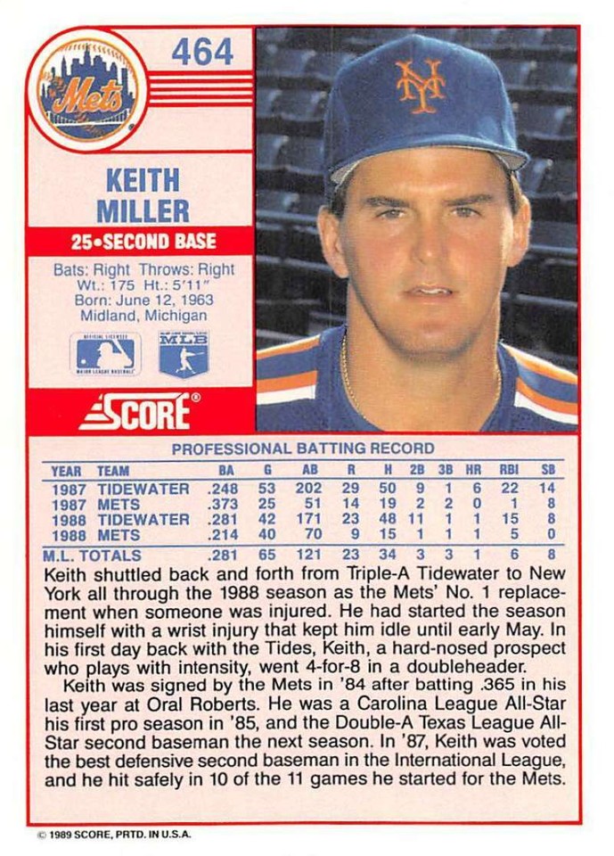 1989 Score #464 Keith Miller NM-MT Mets | eBay