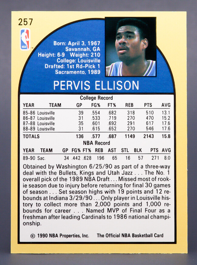 1990-91 NBA Hoops Pervis Ellison #257 Rookie Card RC Sacramento Kings ...