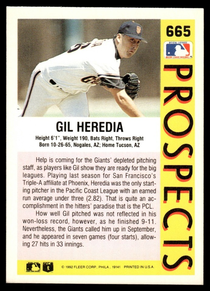 1992 Fleer Top Prospect #665 Gil Heredia Rookie San Francisco Giants | eBay