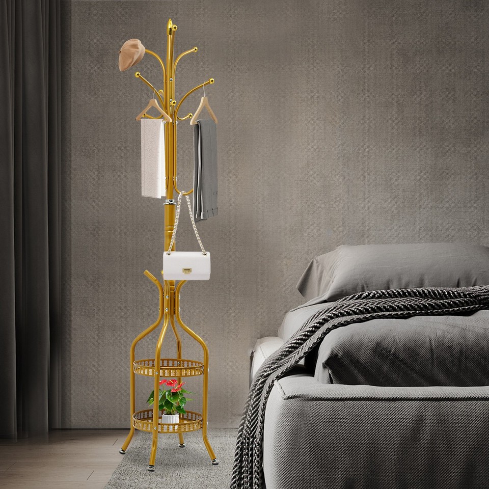 Modern Metal Coat Rack w/Storage Basket Hat Coat Hanger Stand Bedroom ...