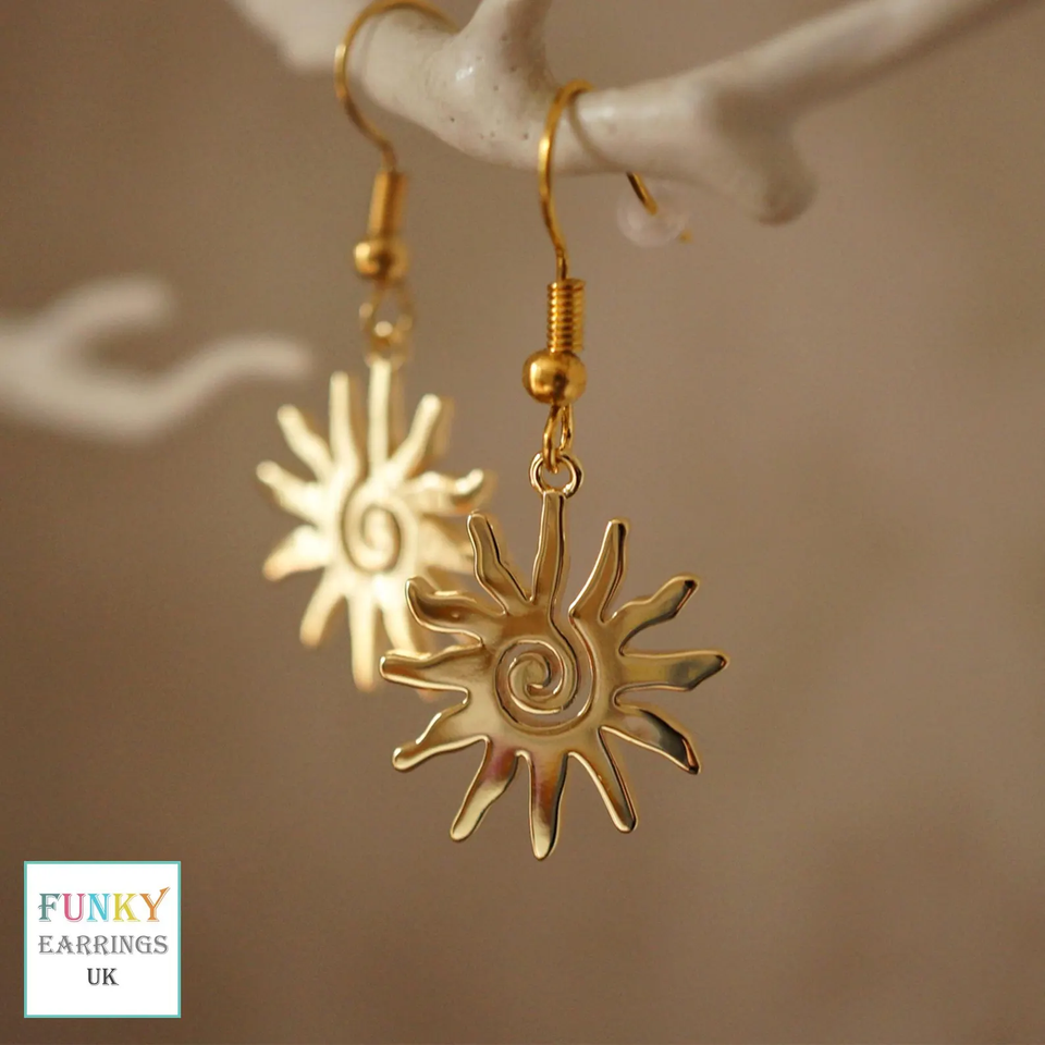 Gold Sun Earrings, funky cool unique spiral gold sun jewellery drop ...