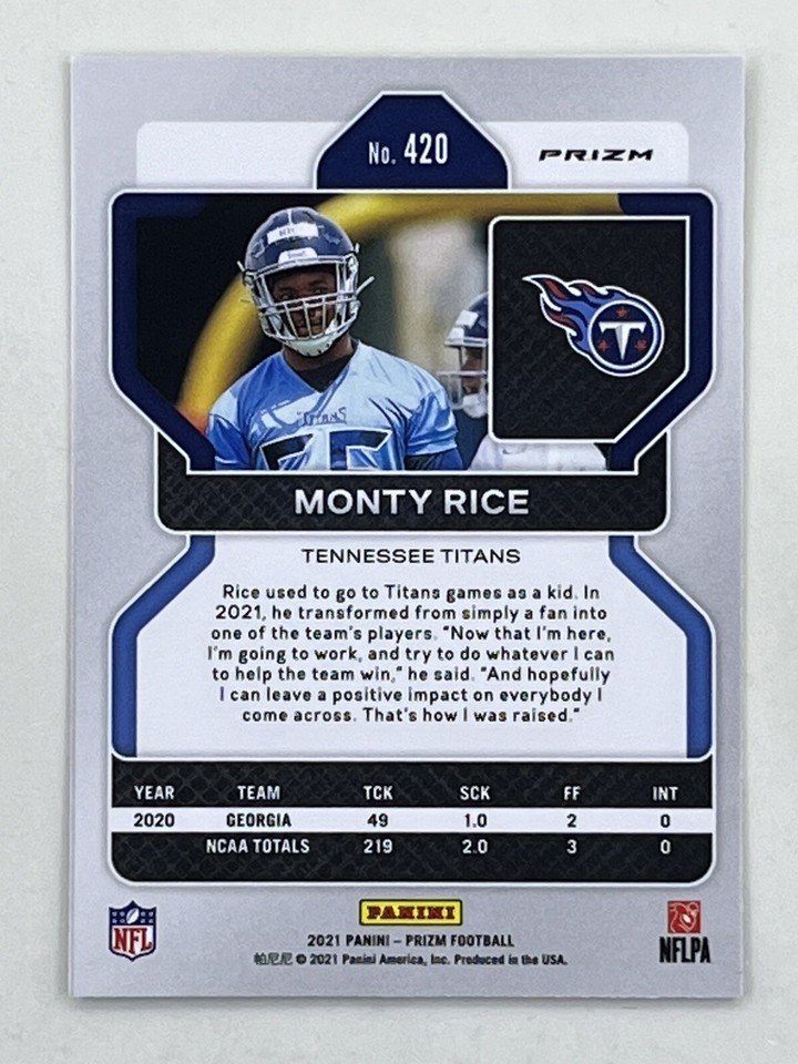 Monty Rice 2021 Panini Prizm Silver RC #420 Sports NFL Titans Trading ...