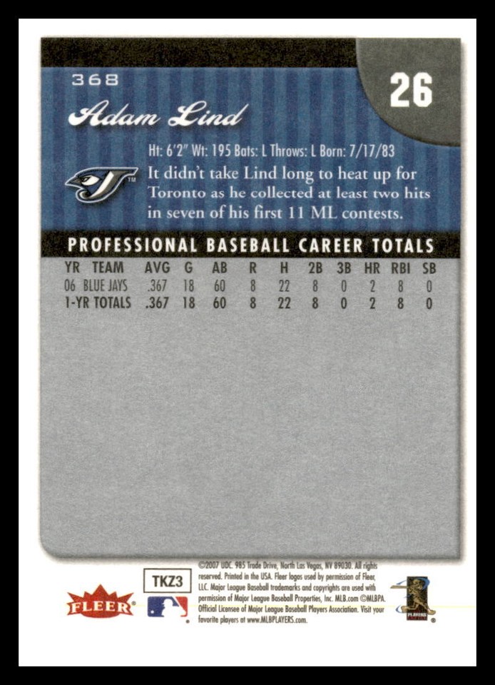 2007 Fleer #368 Adam Lind Toronto Blue Jays Baseball Card NM Rookie ...
